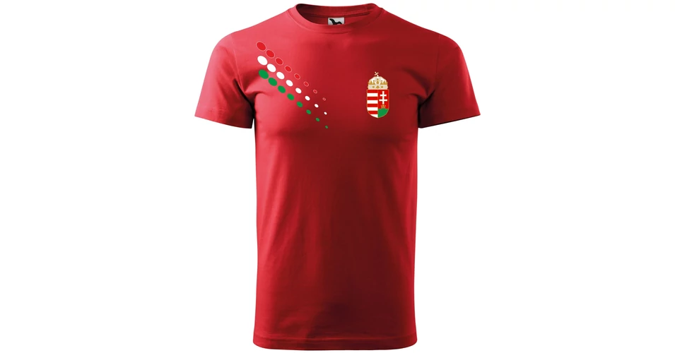 Piros magyar póló, címerrel, nemzeti színű dísszel, hungary - val